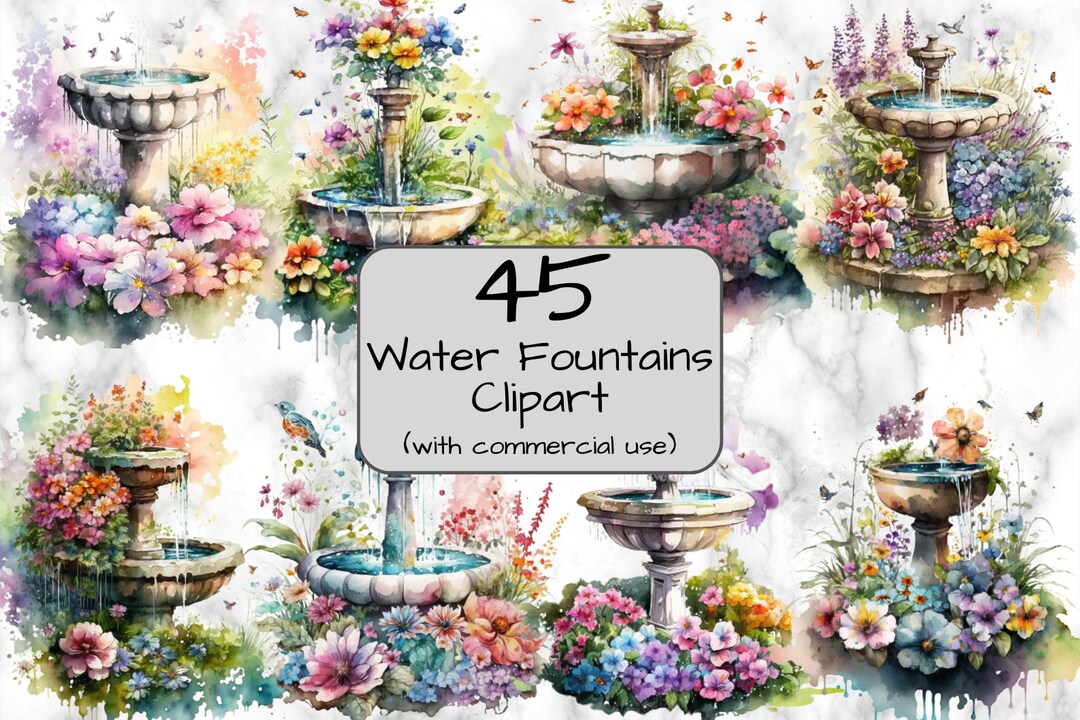 Spring Water Fountains, Watercolor Clipart, Digital Art & Sublimation ...