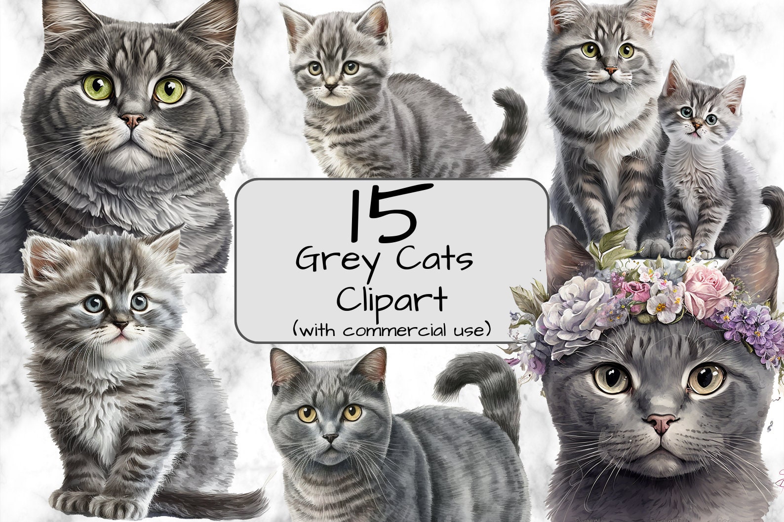 Watercolor Grey Cats Clipart. Digital Art & Sublimation. Cat Clip Art ...