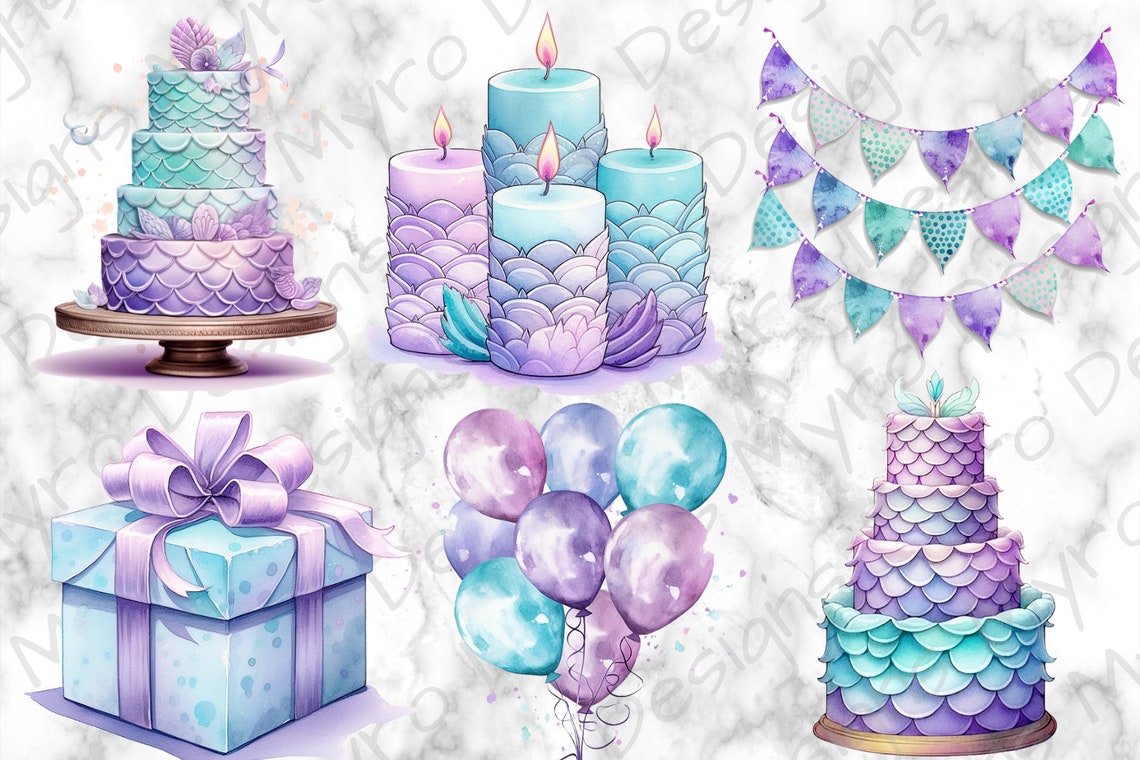 Watercolor Mermaid Birthday Clipart. Mermaid Clipart. PNG Format ...