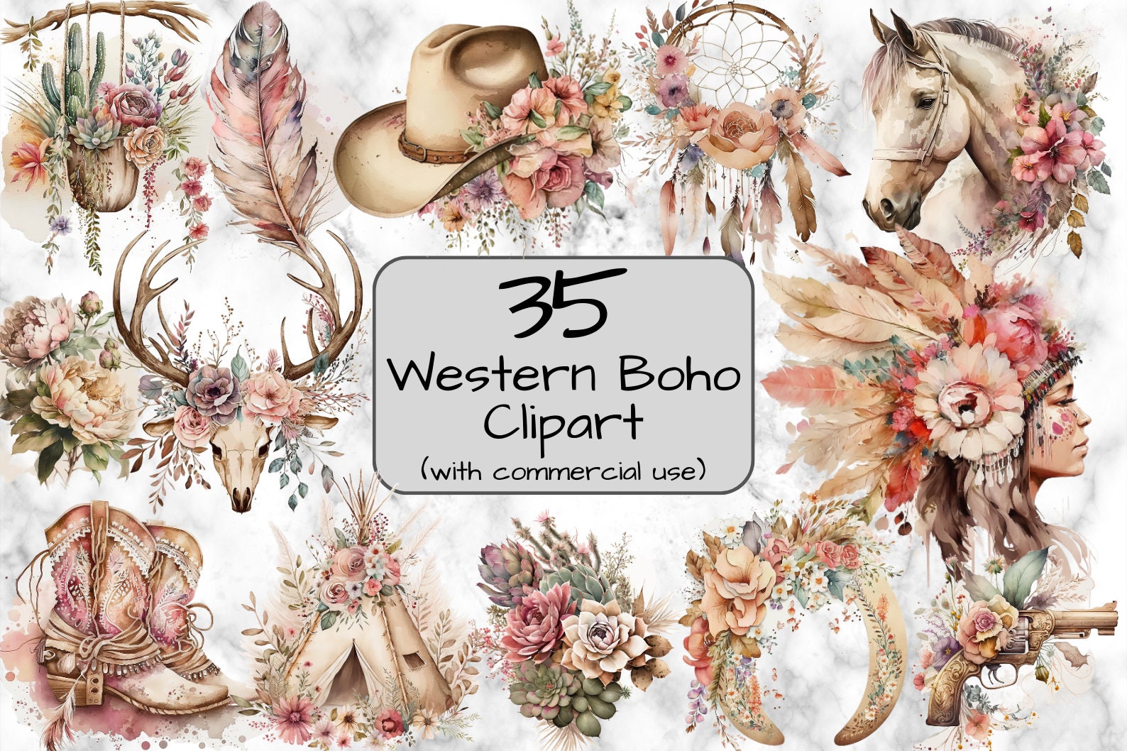 Watercolor Western Boho Clipart. Cowgirl Clipart. Boho Clipart. Floral ...