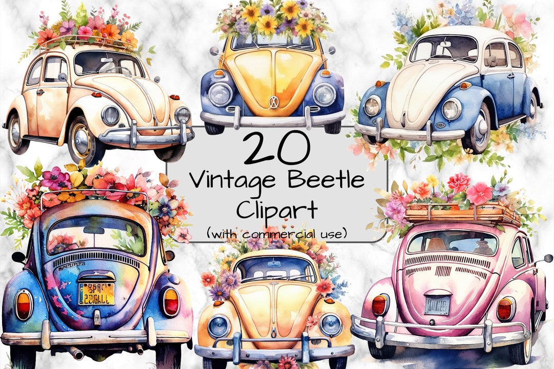 Watercolor Vintage Beetle Car Clipart. VW Bug Clipart. PNG Format. Transparent Background. Junk ...