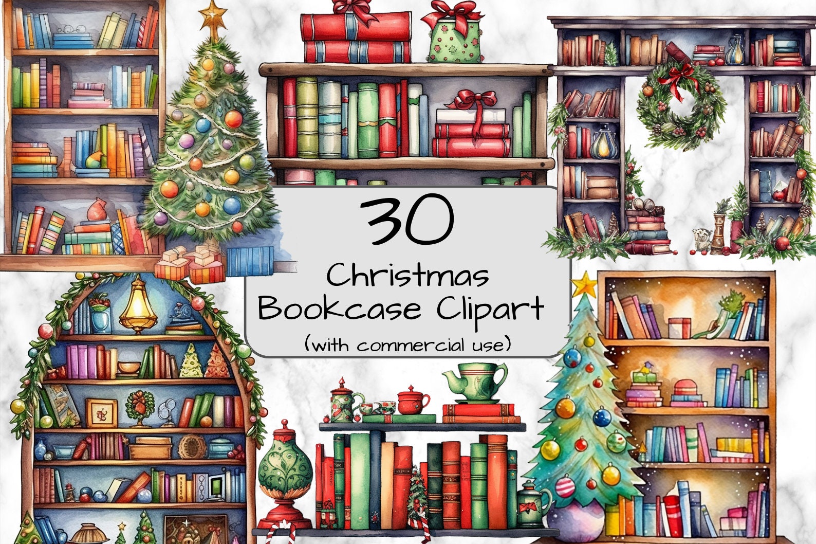 Watercolor Christmas Bookcase Clipart. Christmas Clipart. PNG - Etsy