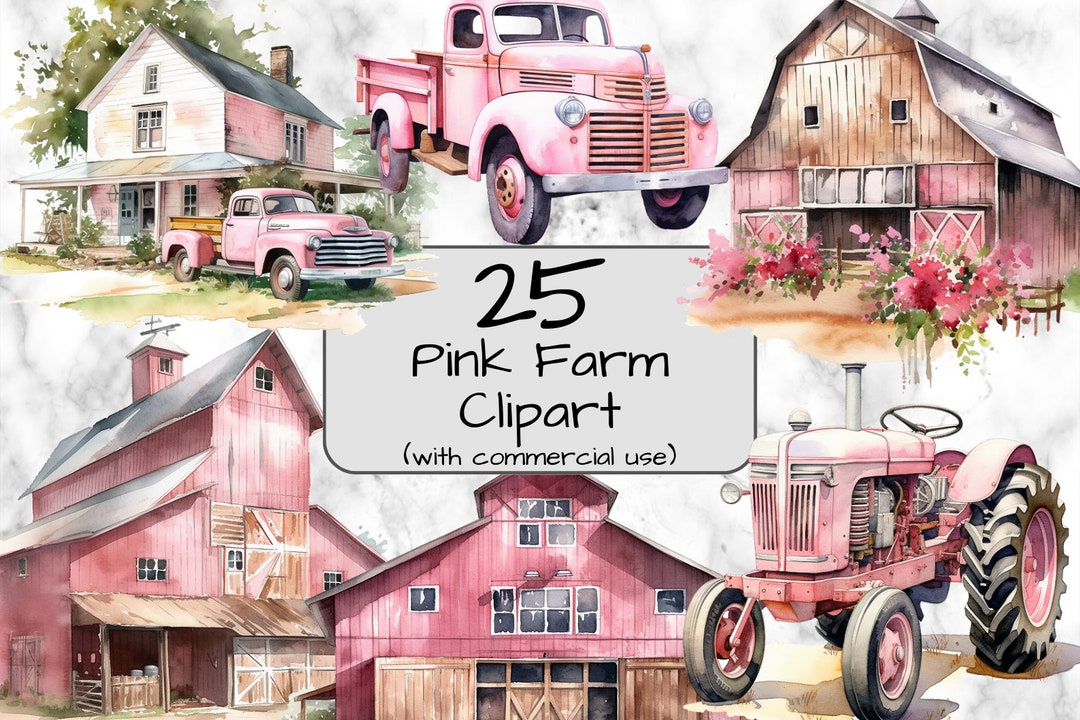 Watercolor Pink Farm Clipart. Farmhouse Clipart. PNG Format ...