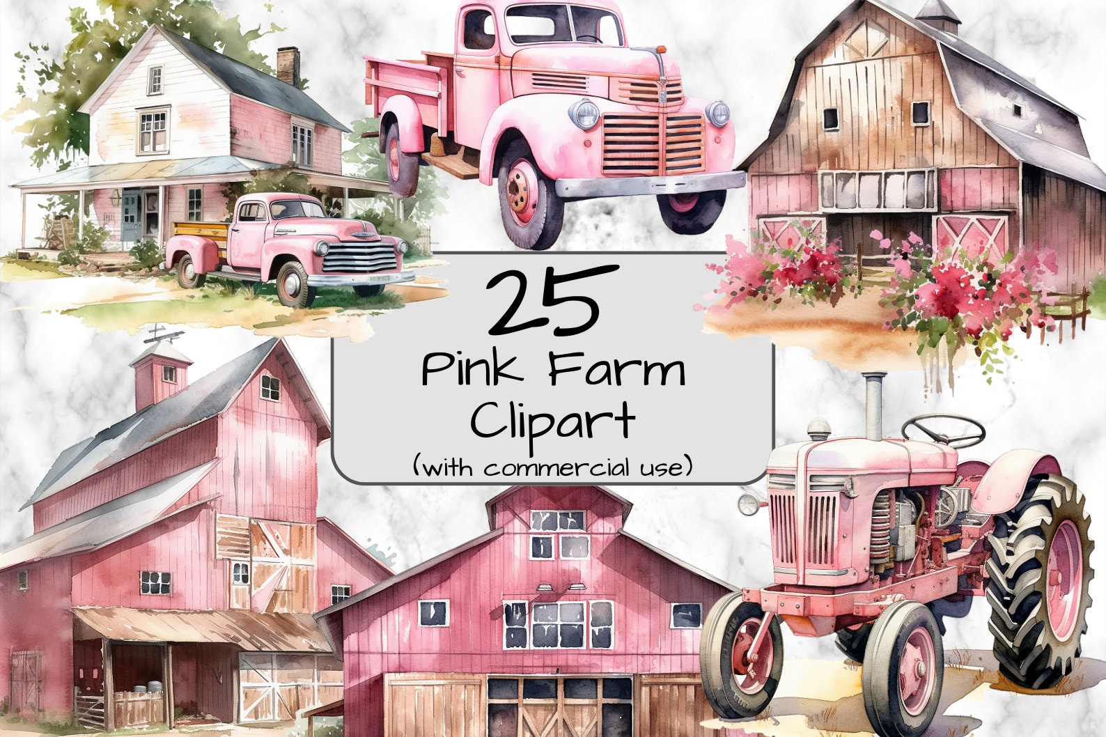 Watercolor Pink Farm Clipart. Farmhouse Clipart. PNG Format ...