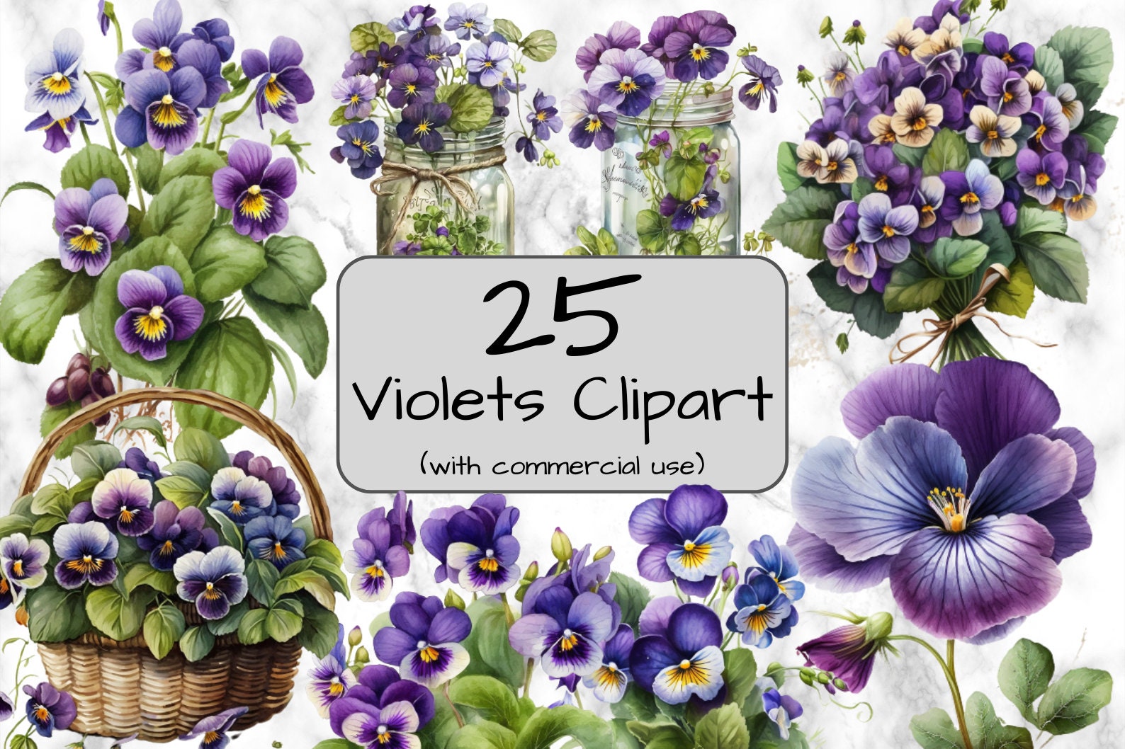 Watercolor Violets Clipart. Spring Flowers. Digital Art & Sublimation ...