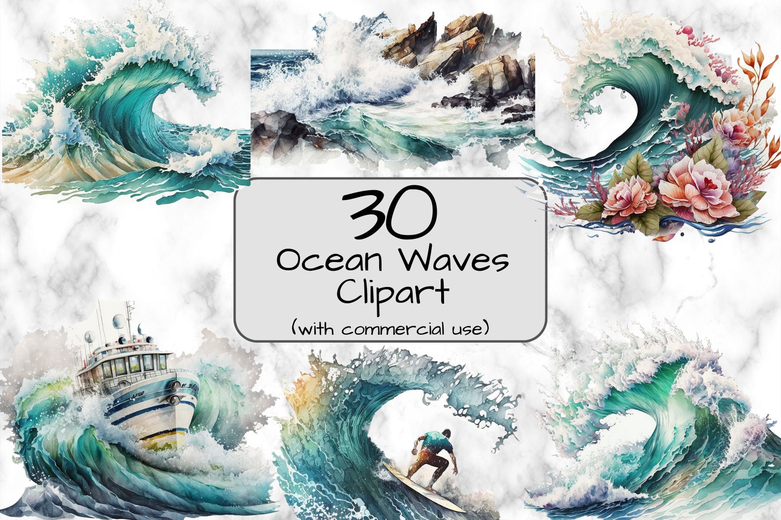Watercolor Ocean Waves Clipart. Digital Art & Sublimation. PNG Format ...