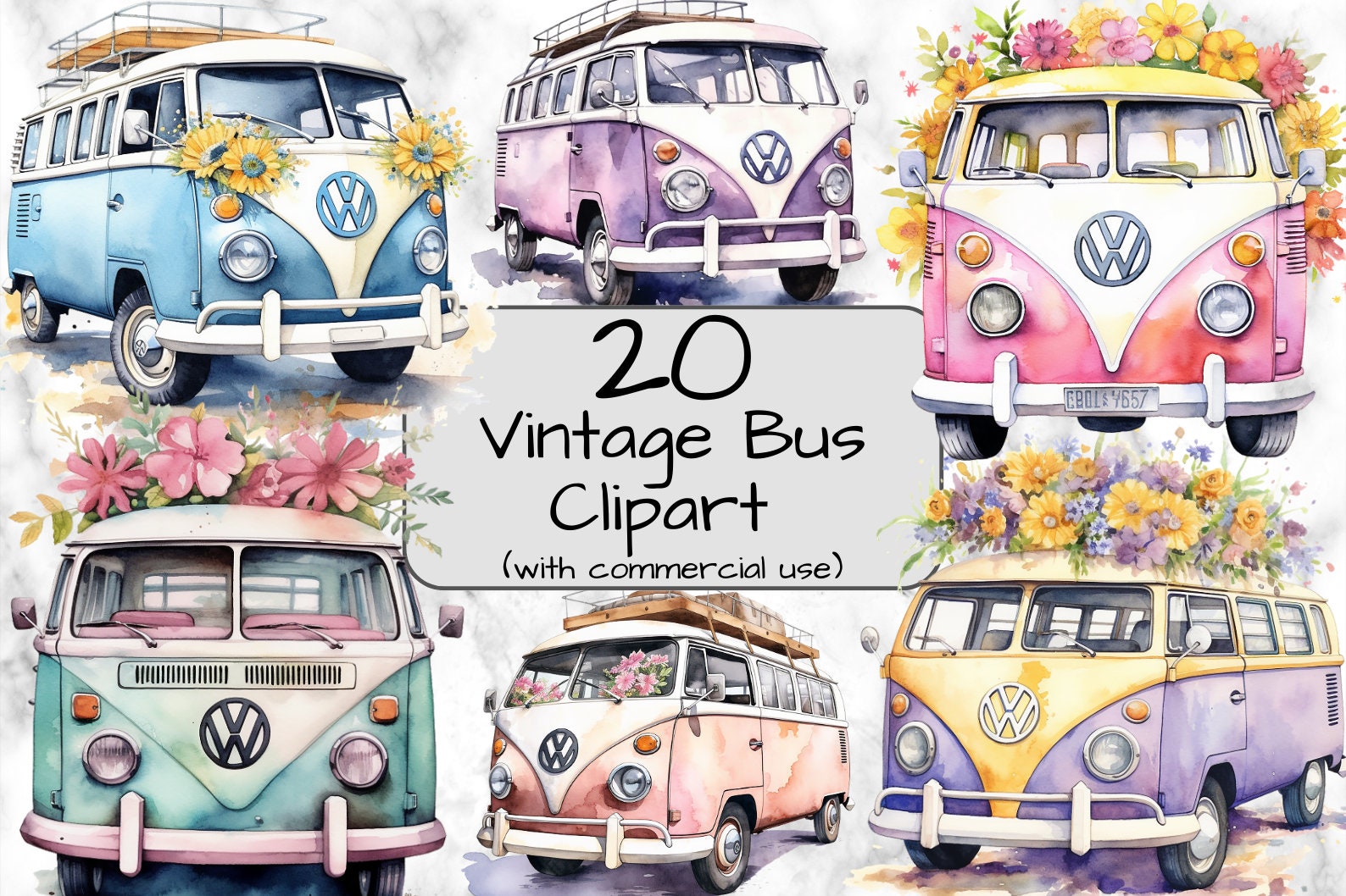 Watercolor Vintage Bus Clipart. VW Bus Clipart. PNG Format. - Etsy