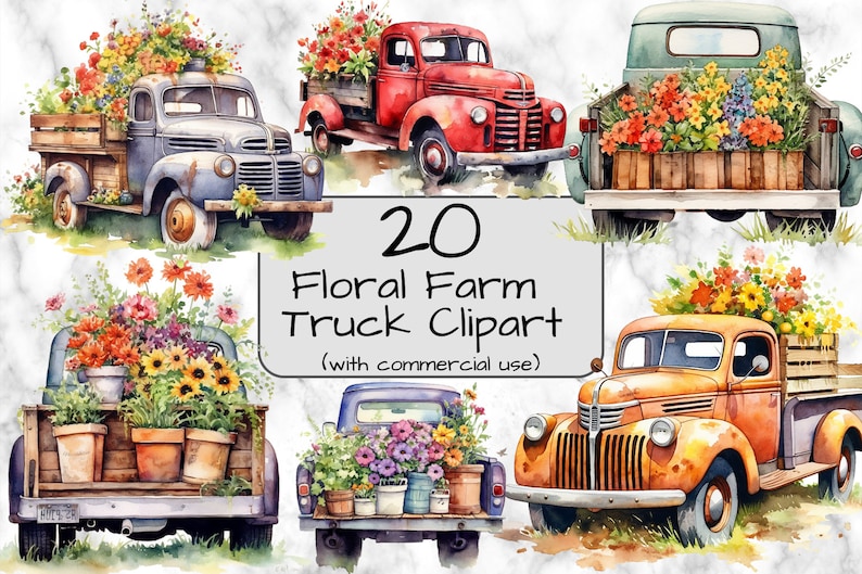 Watercolor Floral Farm Truck Clipart. Spring Clipart. PNG Format ...