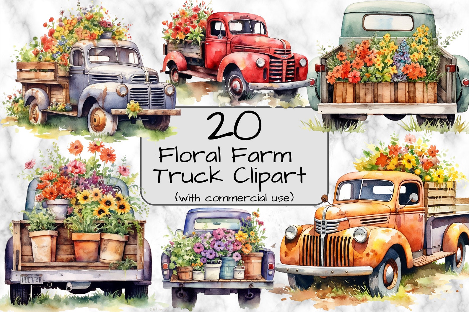 Watercolor Floral Farm Truck Clipart. Spring Clipart. PNG Format ...