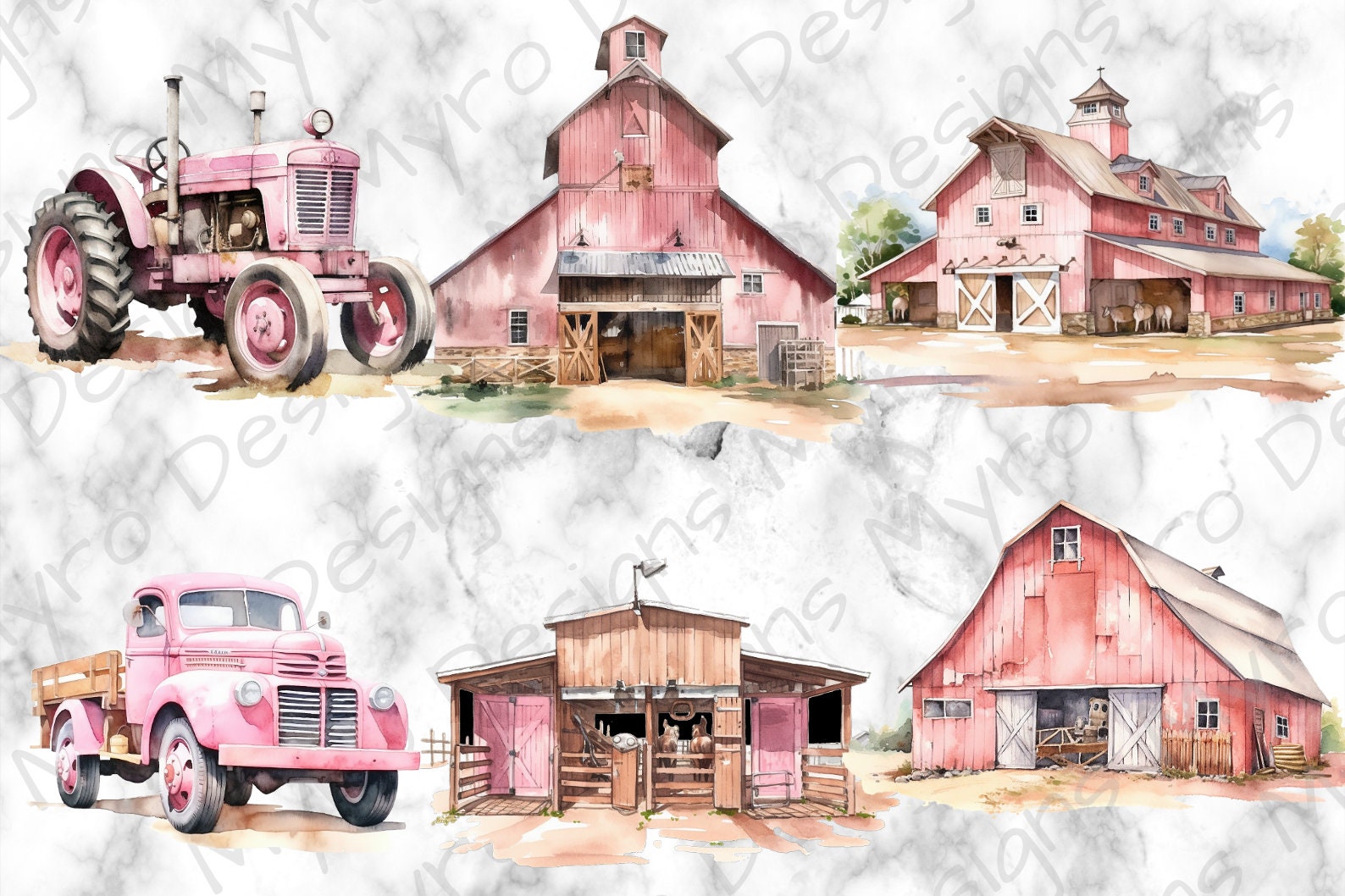 Watercolor Pink Farm Clipart. Farmhouse Clipart. PNG Format ...