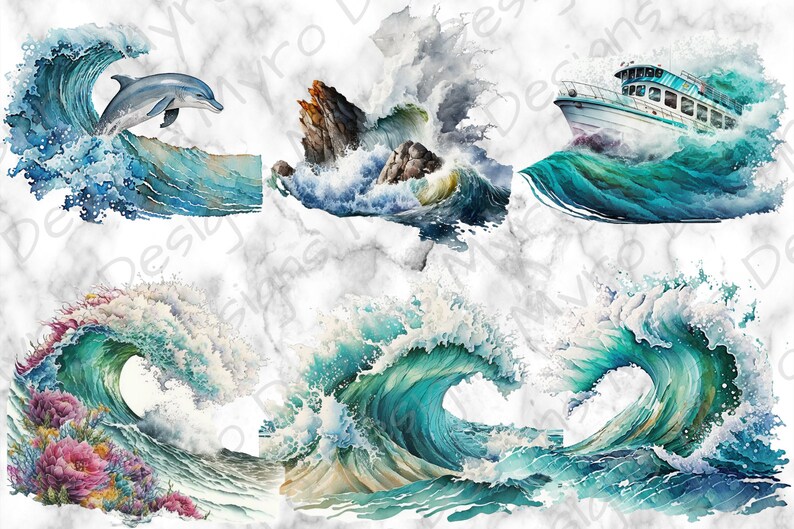 Watercolor Ocean Waves Clipart. Digital Art & Sublimation. PNG - Etsy