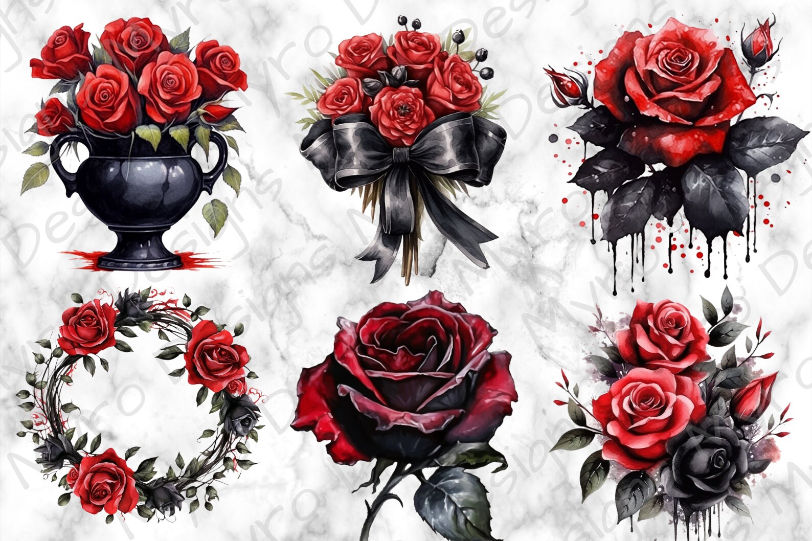 Watercolor Gothic Roses Clipart. Red & Black Roses. Gothic - Etsy