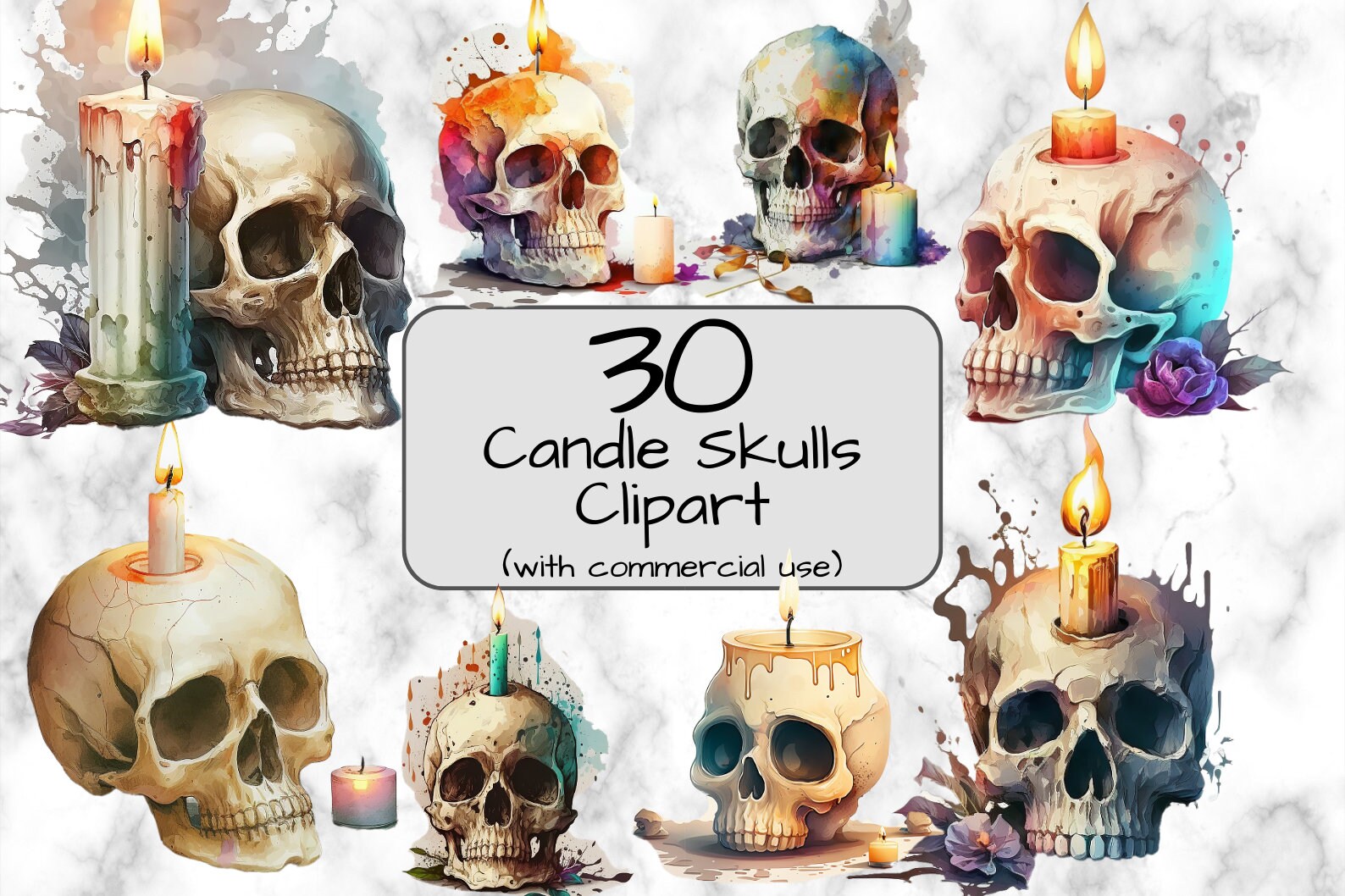 Watercolor Candle Skulls Clipart. Digital Art & Sublimation. PNG Format ...