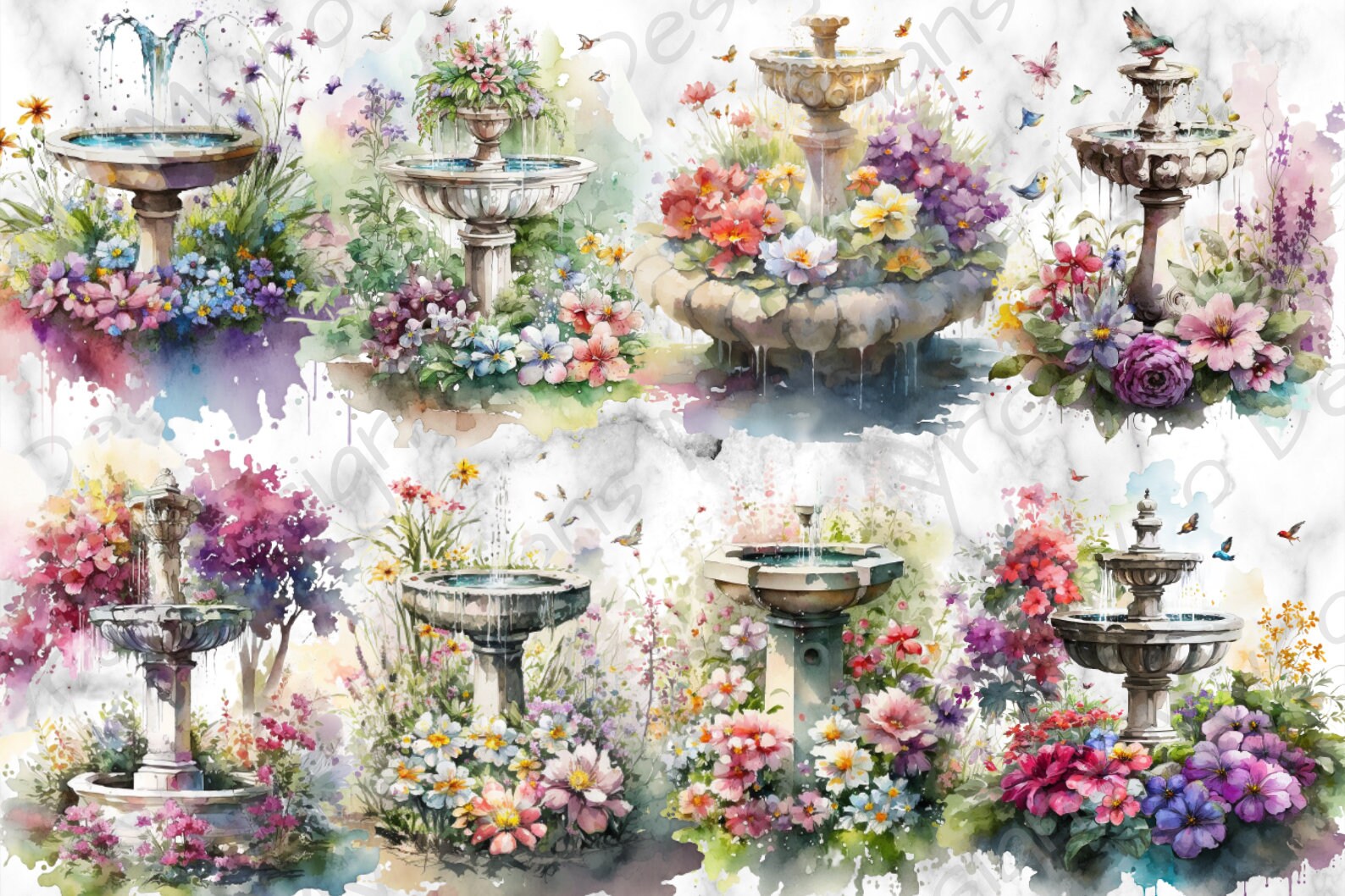 Spring Water Fountains, Watercolor Clipart, Digital Art & Sublimation ...