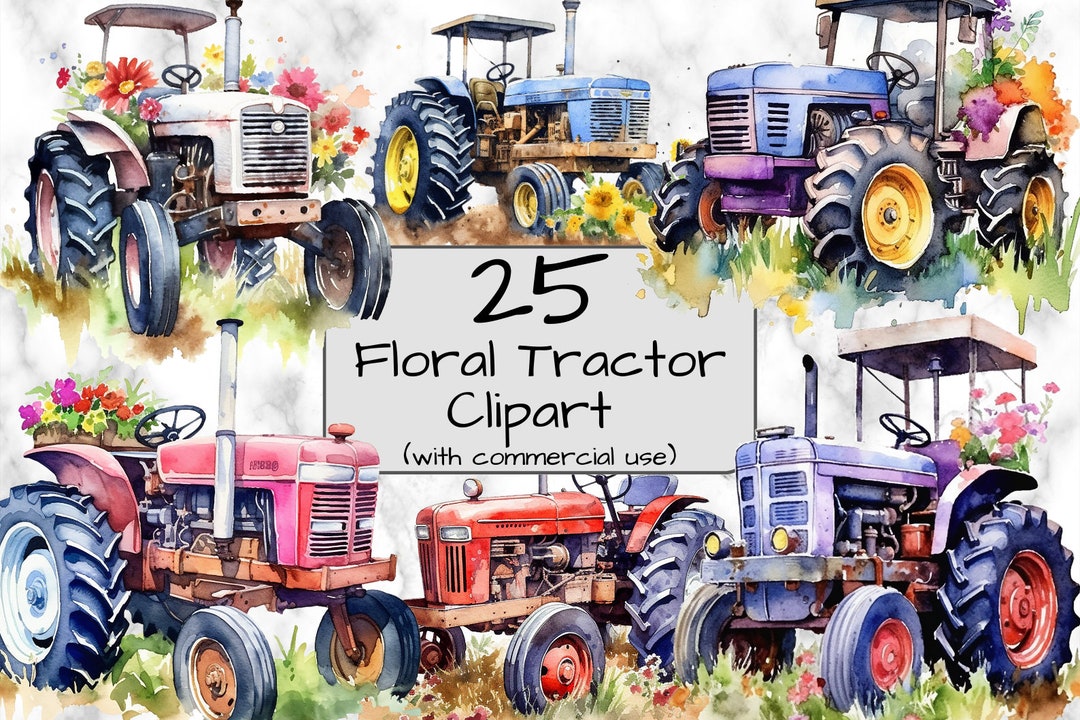 Watercolor Floral Farm Tractor Clipart. Farm Clipart. PNG Format ...