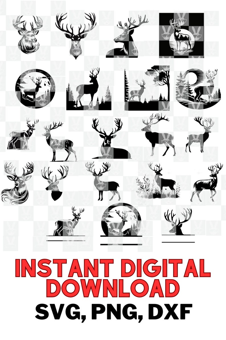 Deer Bundle Silhouette, Deer Monogram, Svg, Png, Dxf, Cutting and Print Files, Outline, Decals ...