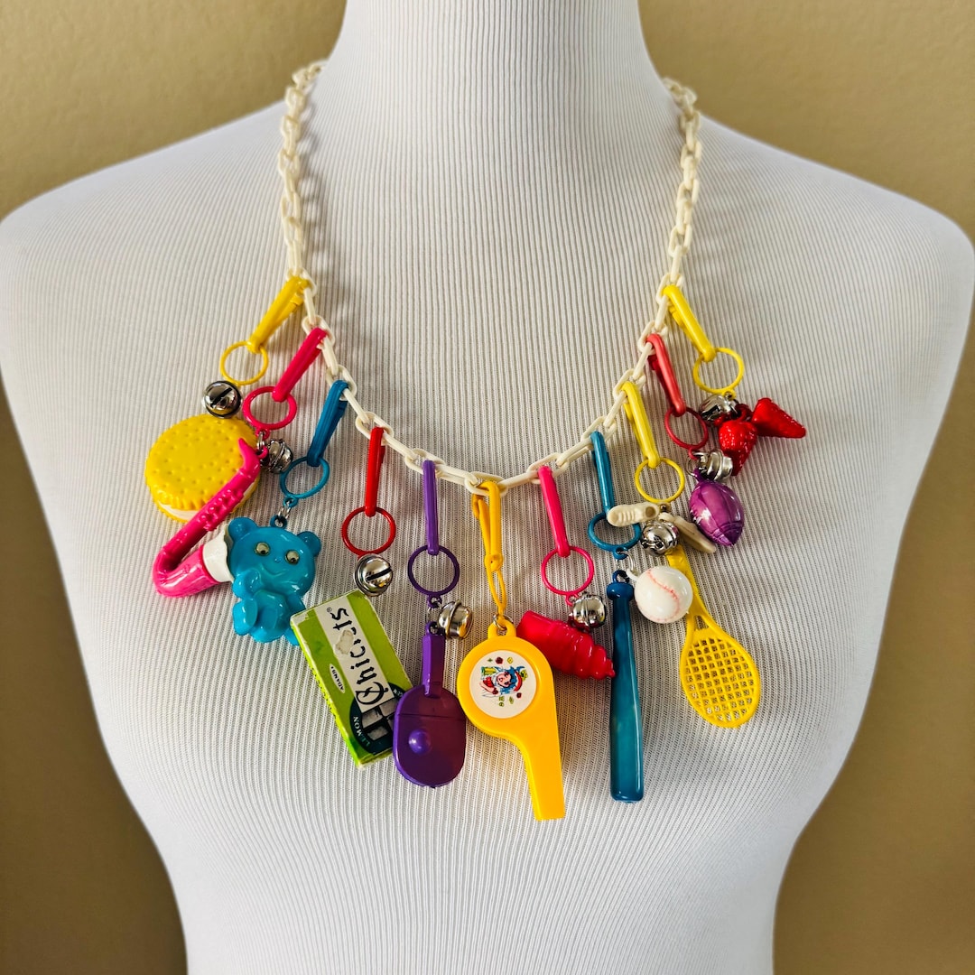 Vintage 1980's Plastic Bell Charm Necklace | 80's Plastic Clip-on ...