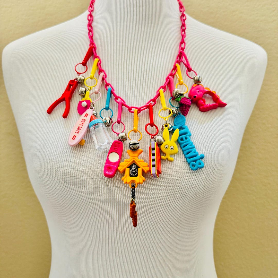 Vintage 1980's Plastic Bell Charm Necklace | 80's Plastic Clip-on ...