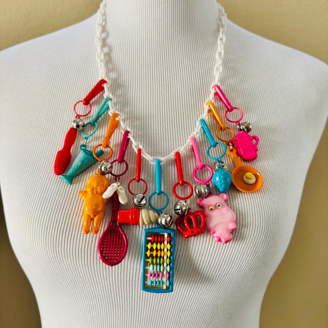 Vintage 1980's Plastic Bell Charm Necklace | 80's Plastic Clip-on ...