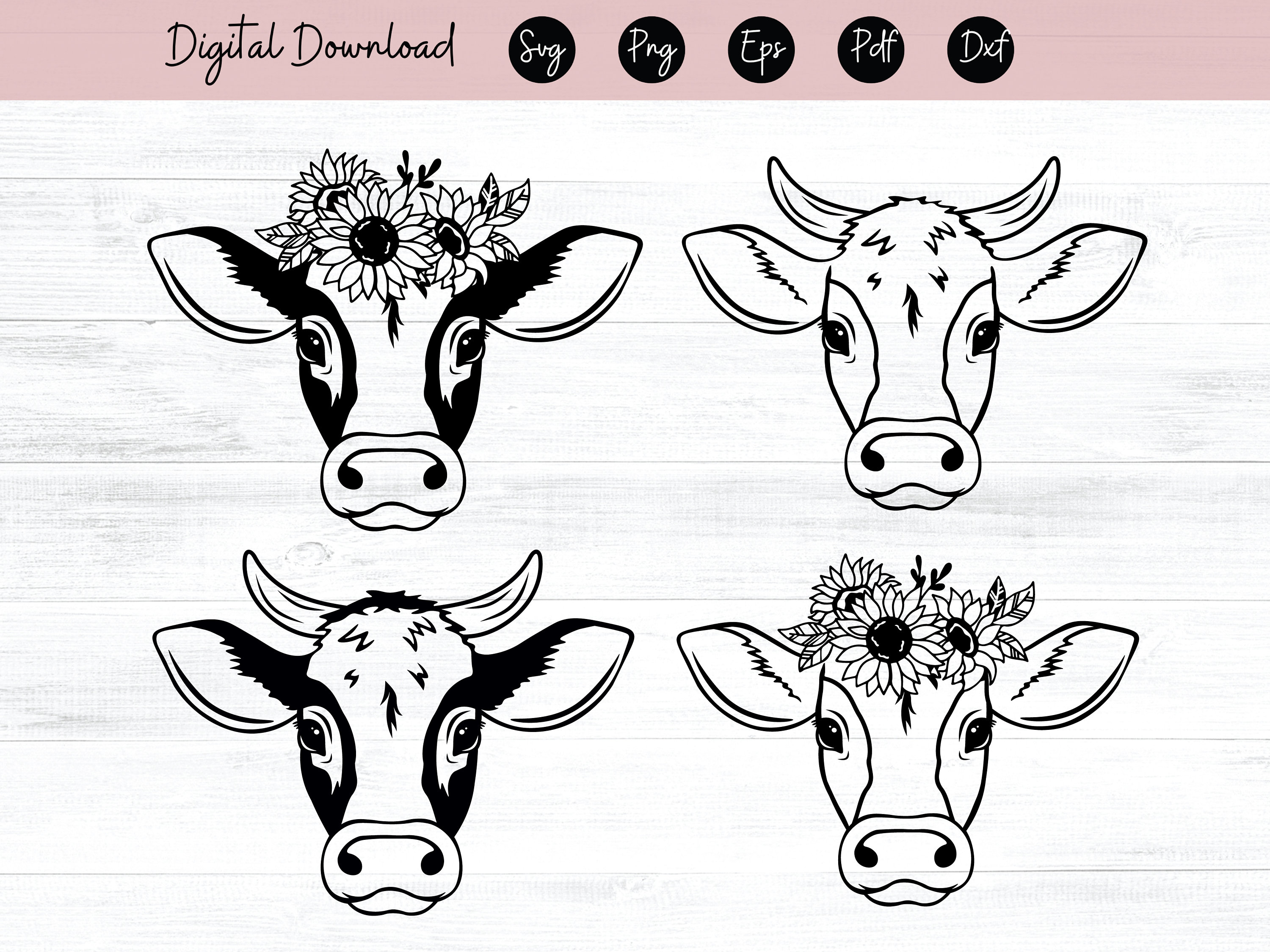 Cow SVG File, Cow With Flower Crown SVG, Cow Cut File, Animal Face ...