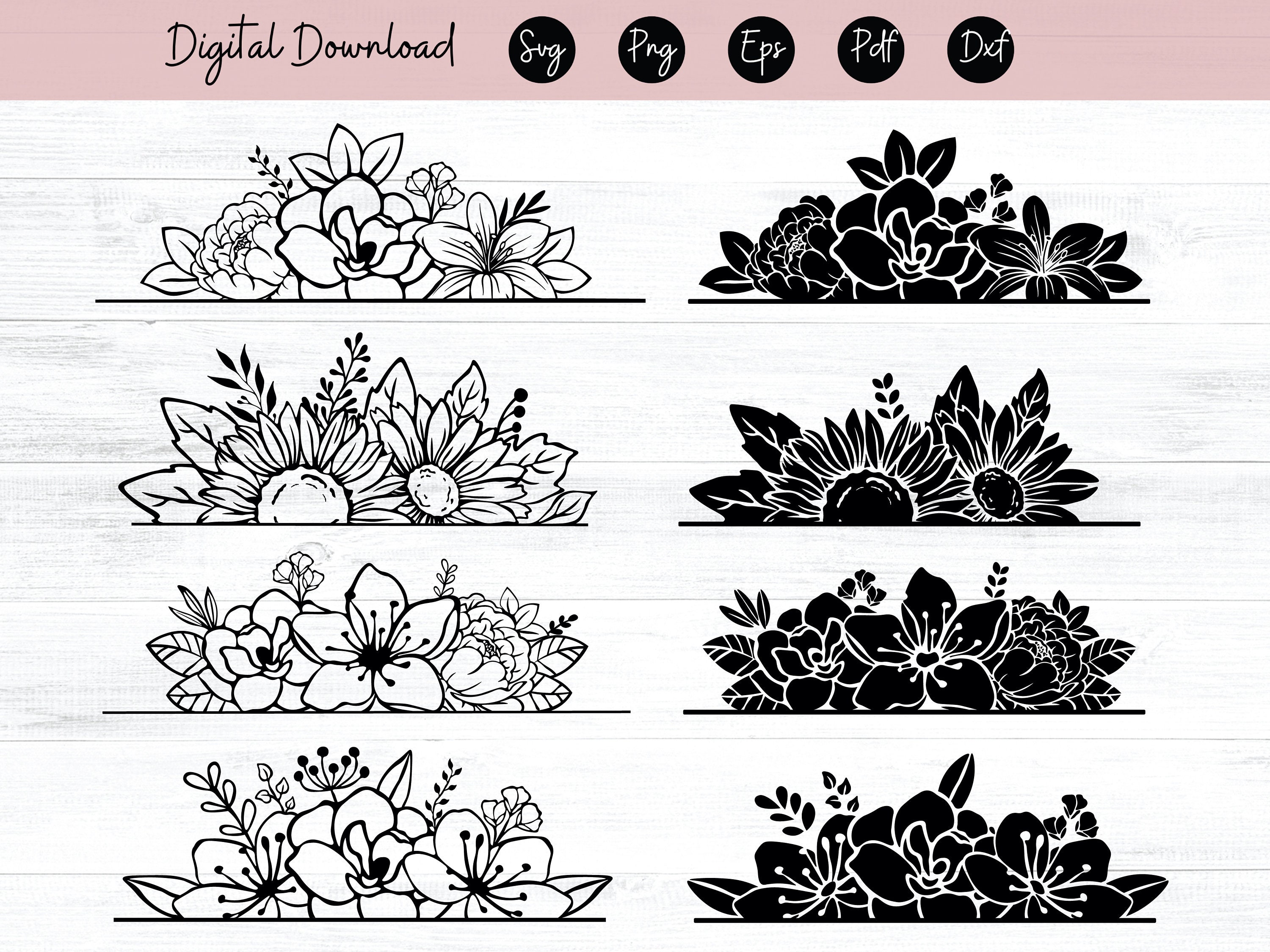 Flowers SVG File, Flower Border SVG, Flower Cut File, Line Divider Svg ...