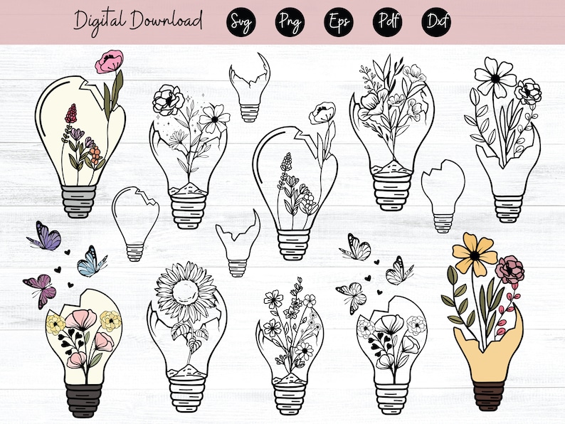 Cracked Bulb Svg, Floral Light Bulb SVG, Light Bulb Clip Art, Magic ...