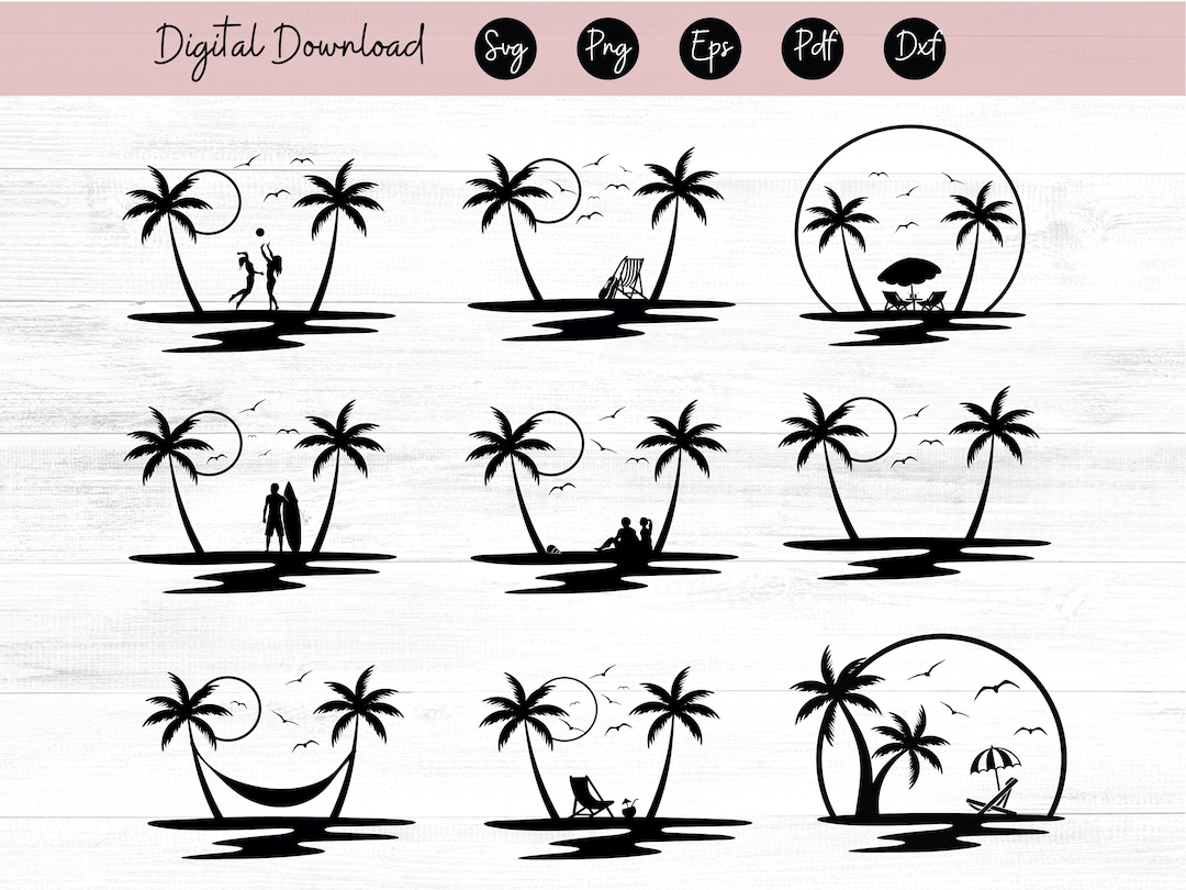 Palm Tree Svg Beach Svg Tropical Island Svg Sunset Svg Flying Bird Svg ...