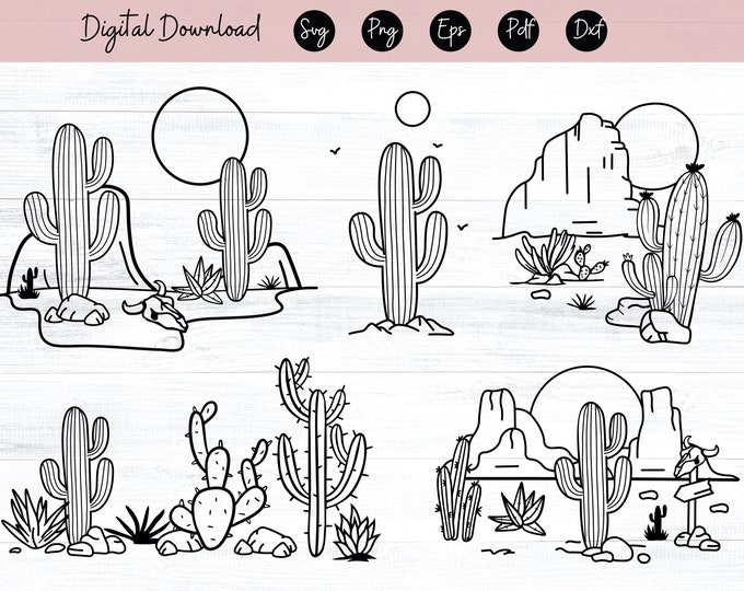 Cactus Scene Svg Bundle| Desert Landscape Svg| Dxf| Png| Jpg| Cactus ...