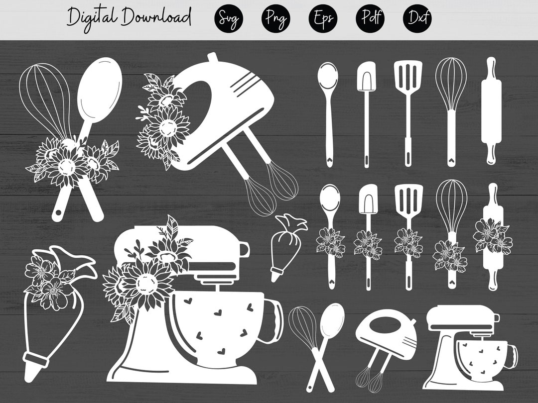Baking SVG File, Mixer Svg, Floral Rolling Pin Svg, Whisk Svg, Spatula ...