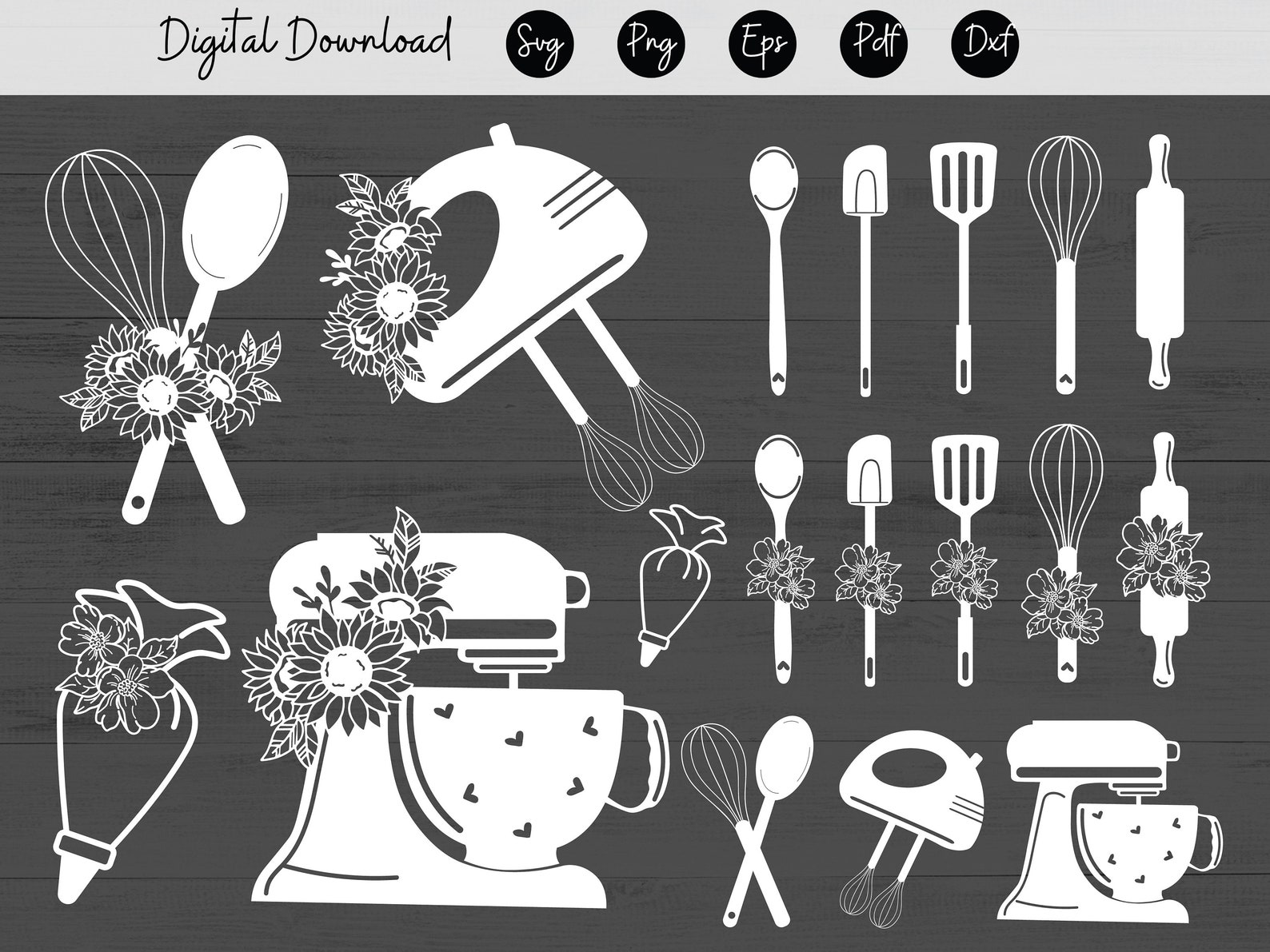 Baking SVG File, Mixer Svg, Floral Rolling Pin Svg, Whisk Svg, Spatula ...