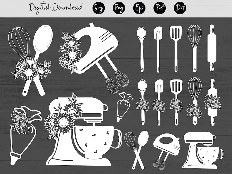Baking SVG File, Mixer Svg, Floral Rolling Pin Svg, Whisk Svg, Spatula ...