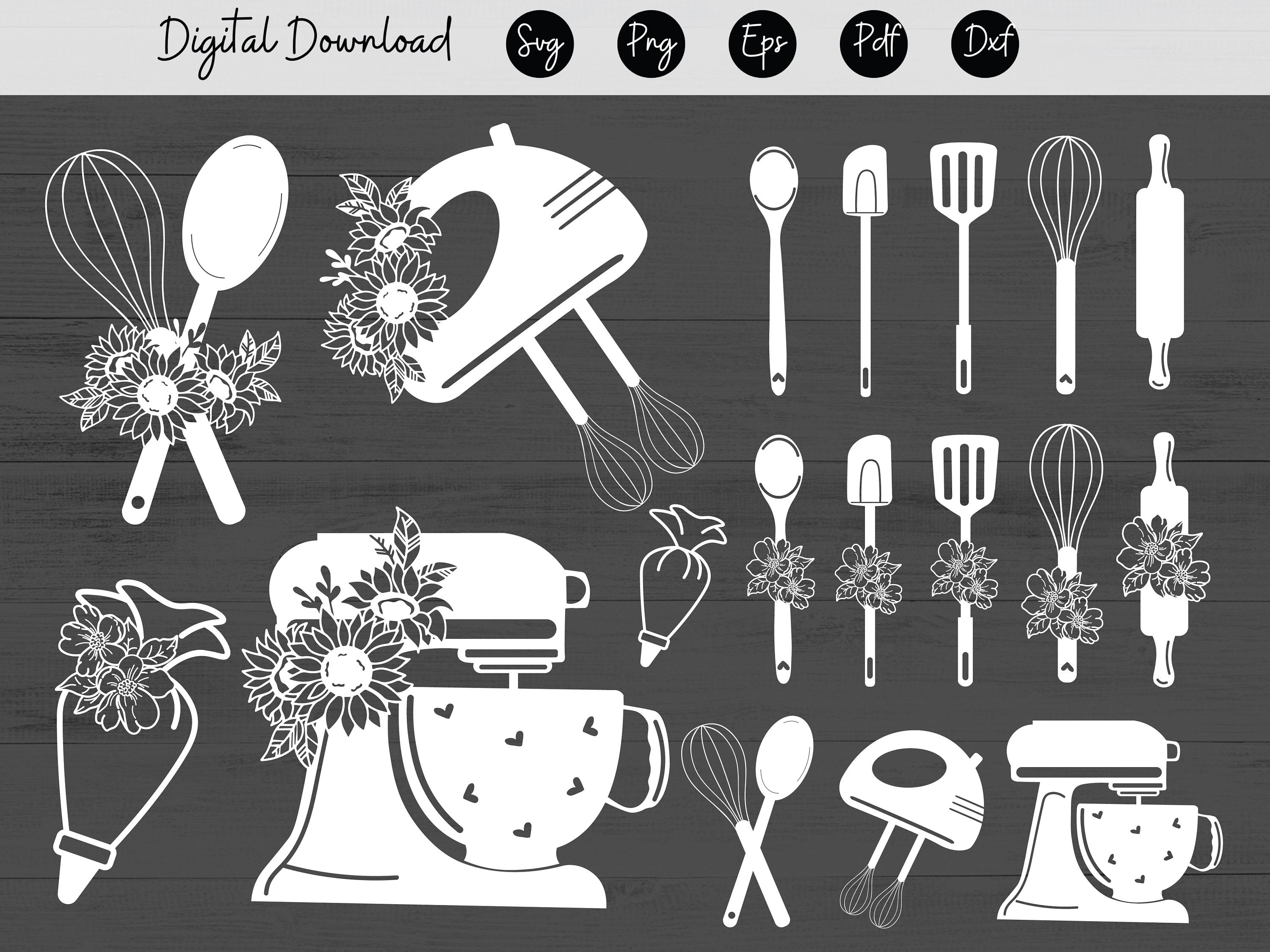 Baking SVG File, Mixer Svg, Floral Rolling Pin Svg, Whisk Svg, Spatula ...