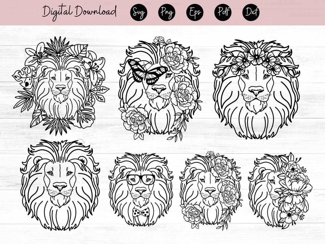Lion SVG File, Lion With Flowers SVG, Lion Cut File, Animal Face ...