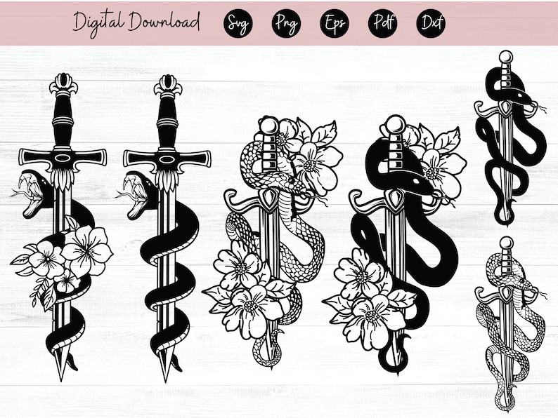 Sword SVG, Flower Snake SVG, Snake Cut File, Sword Clipart, Floral ...