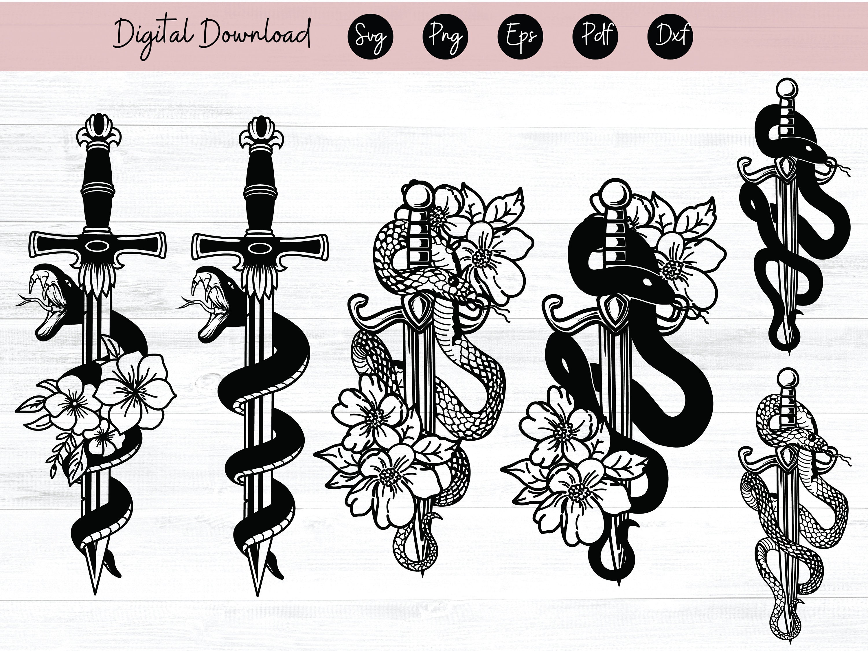 Sword SVG, Flower Snake SVG, Snake Cut File, Sword Clipart, Floral ...