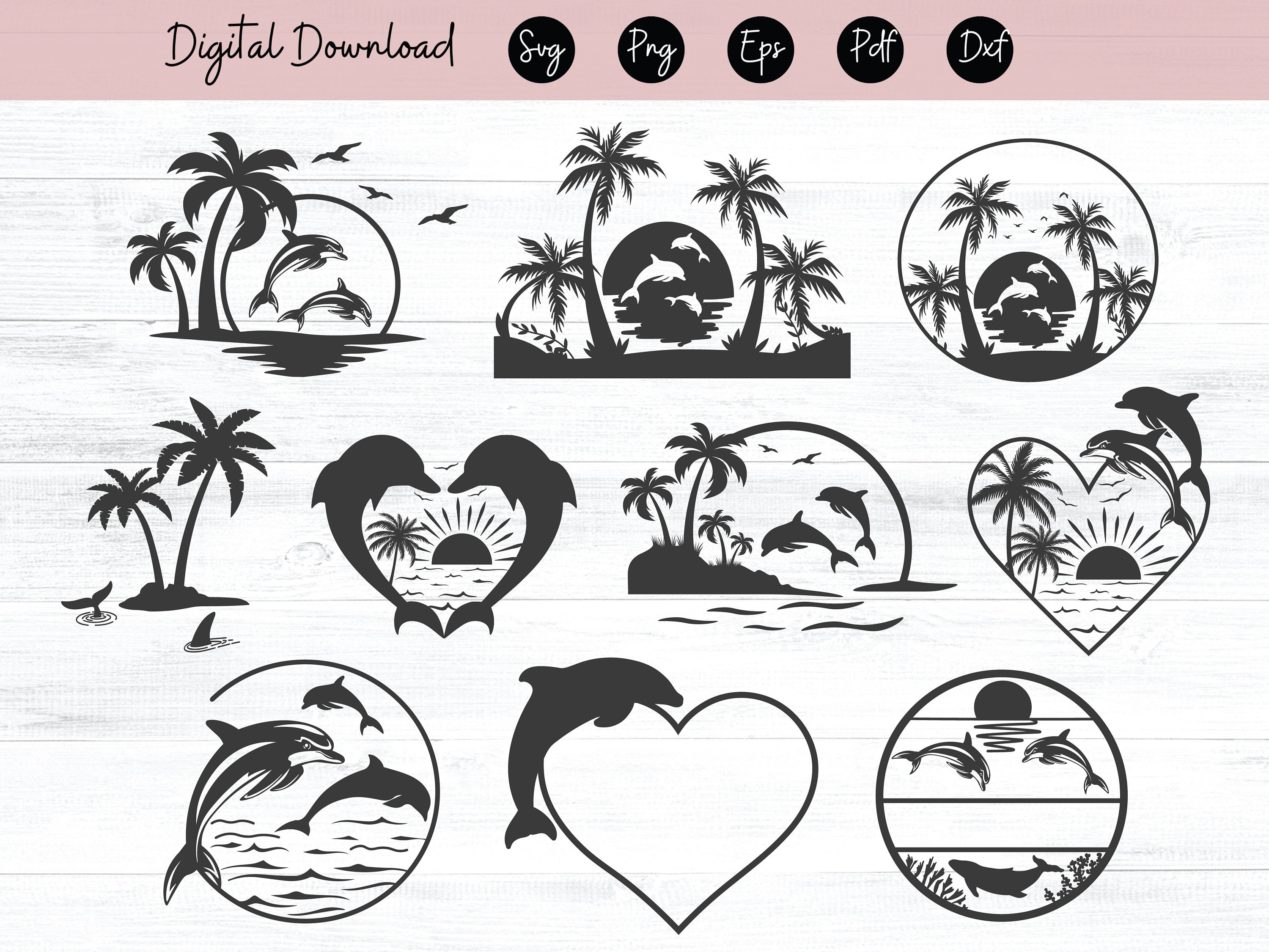 Dolphin SVG, PNG, EPS, Dxf, Tropical, Beach Sunset Palm Trees, Digital ...