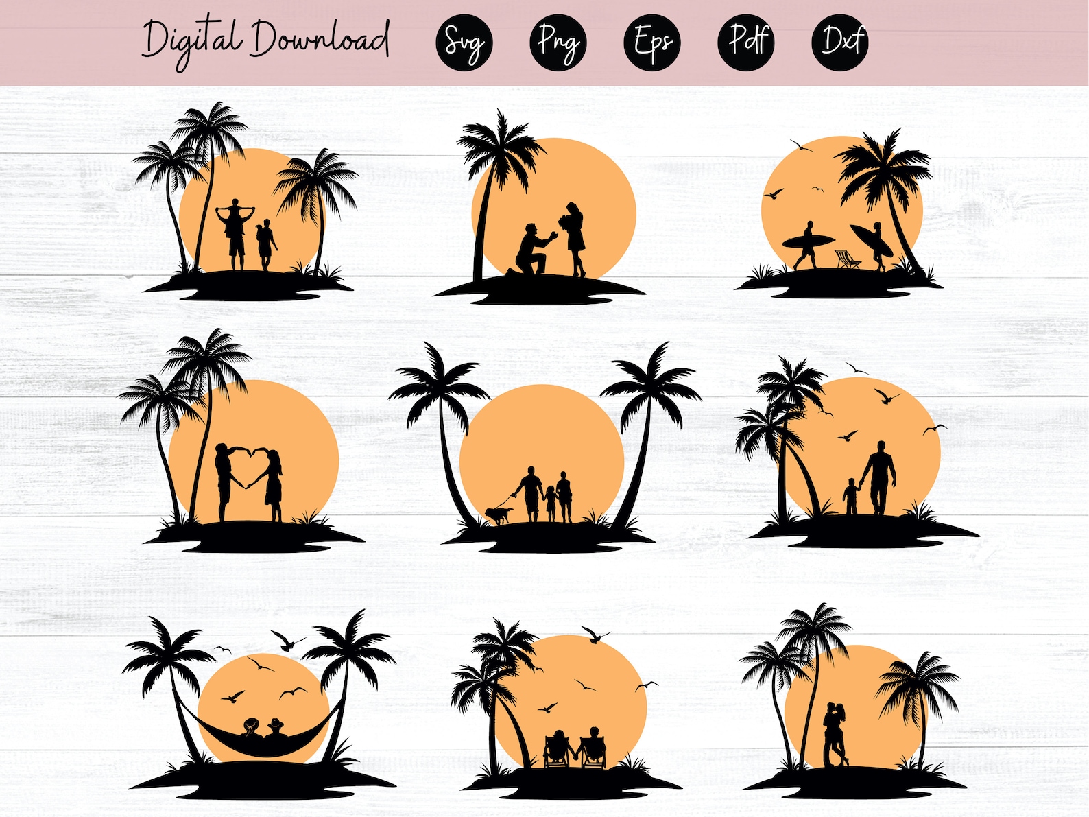 Sunset Svg File Palm Tree Sunset Svg Сouple in Love at Sunset Svg Ocean ...