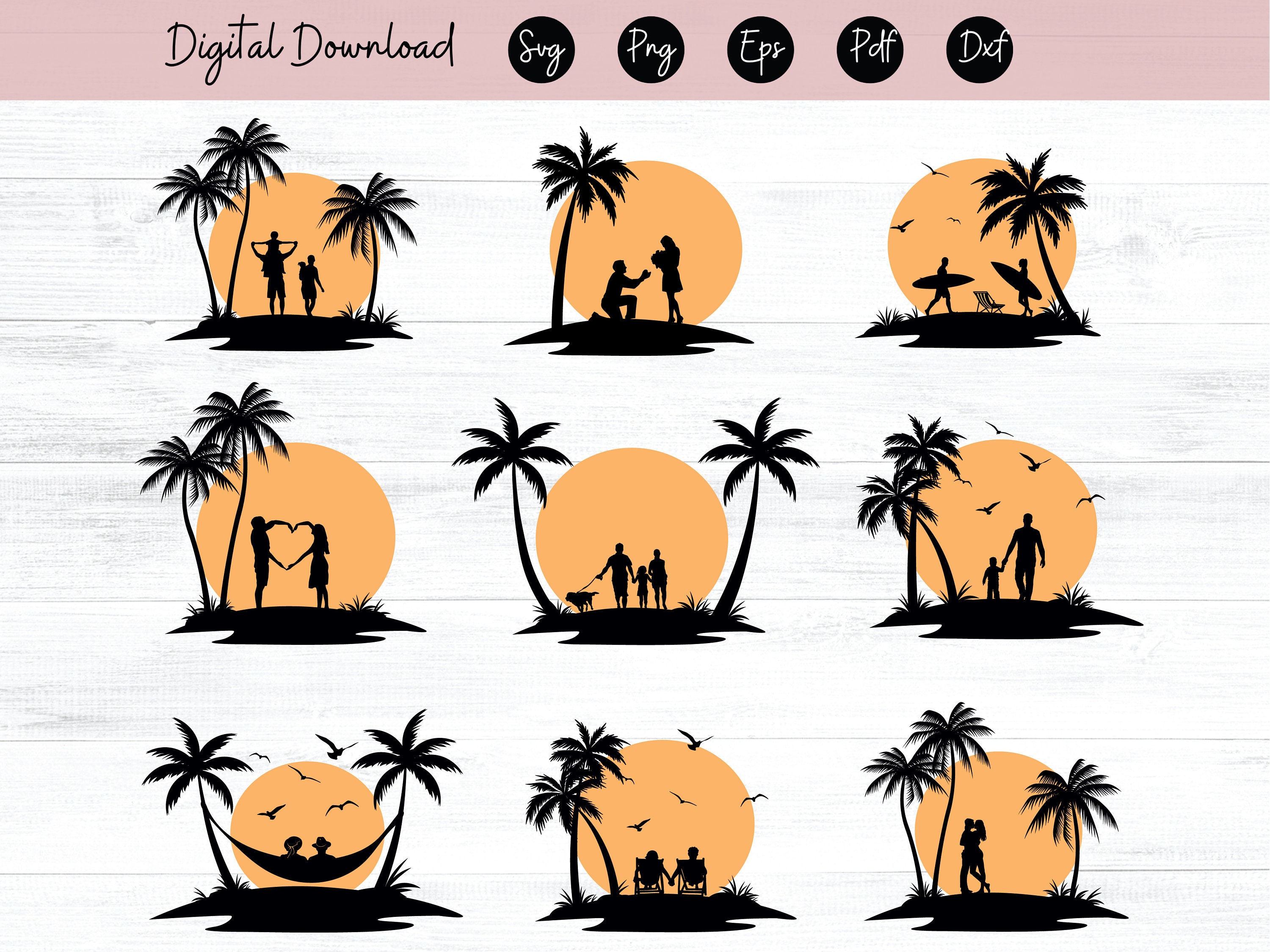 Sunset Svg File Palm Tree Sunset Svg Сouple in Love at Sunset Svg Ocean ...