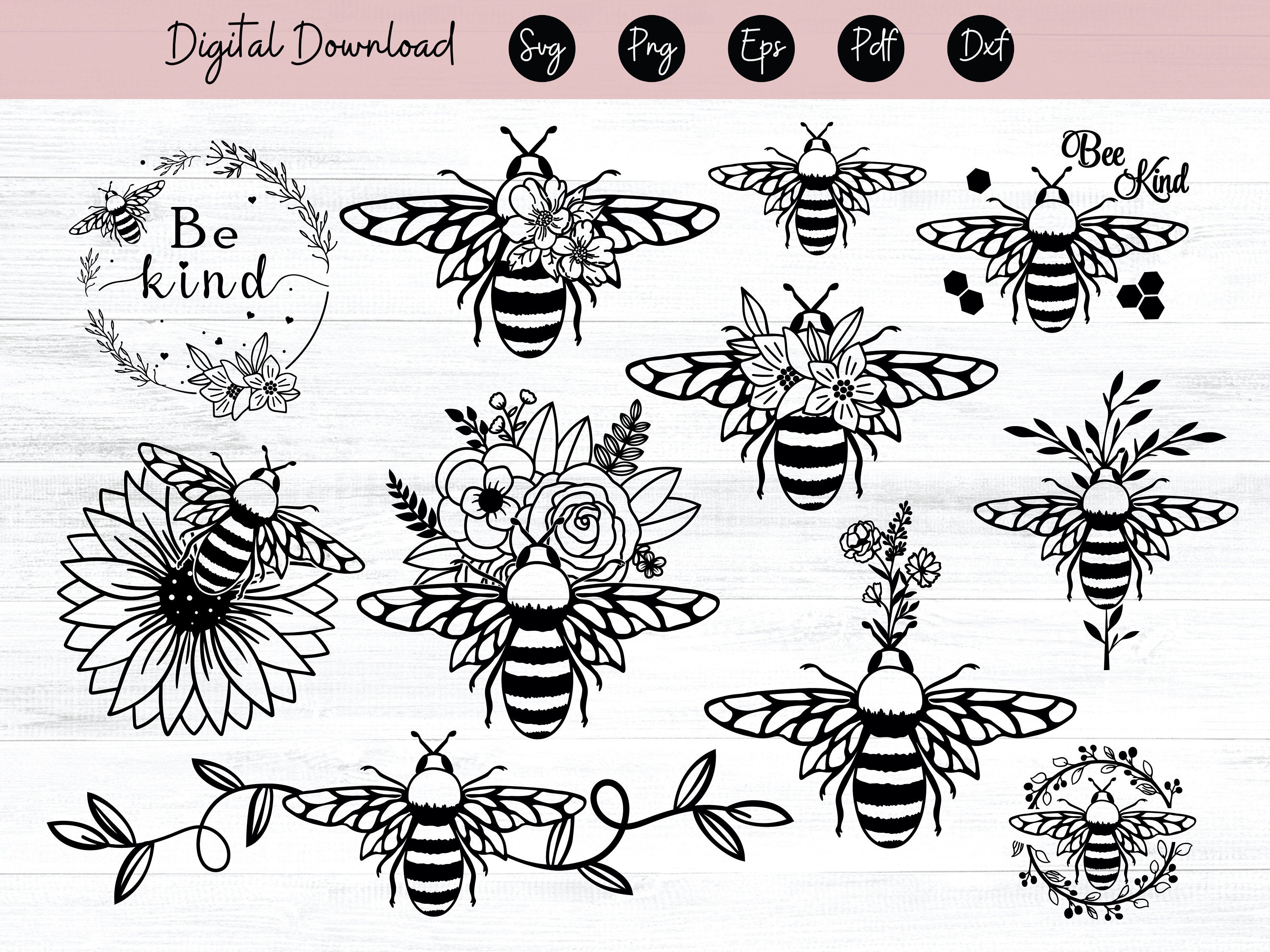 Floral Bee Bundle Svg, Flower Bee Svg File, Save the Bees Svg, Bee Kind ...