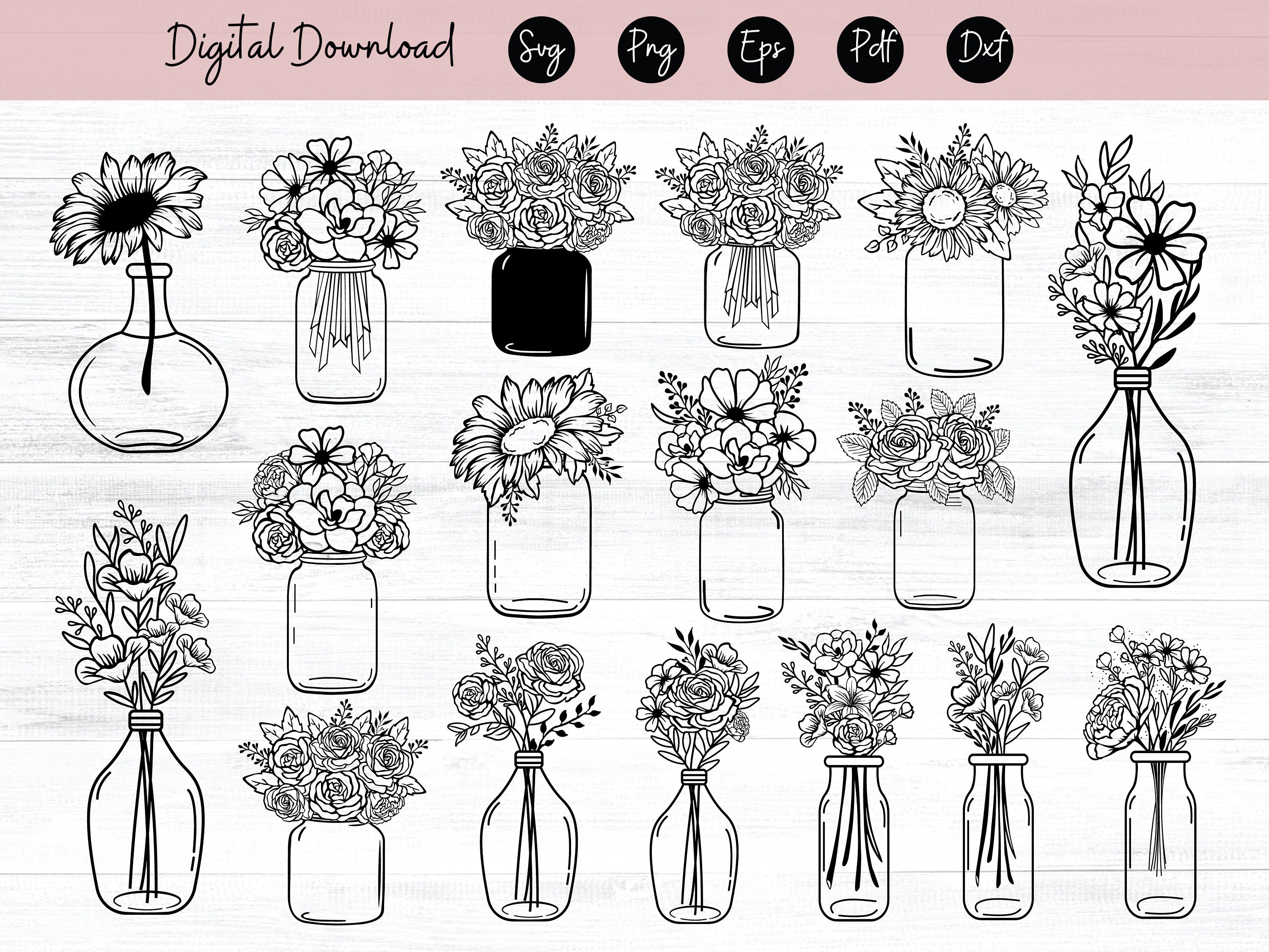 Flower Vase SVG File, Flower SVG Files, Flower Cut Files, Floral Vase ...