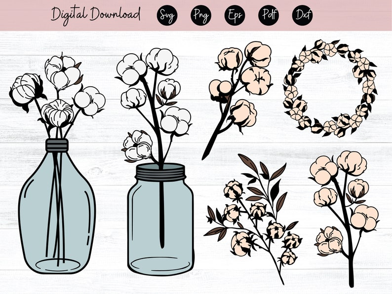 Cotton Flower SVG Bundle Cotton Bulbs Cut File Hand Drawn Cotton Svg by ...
