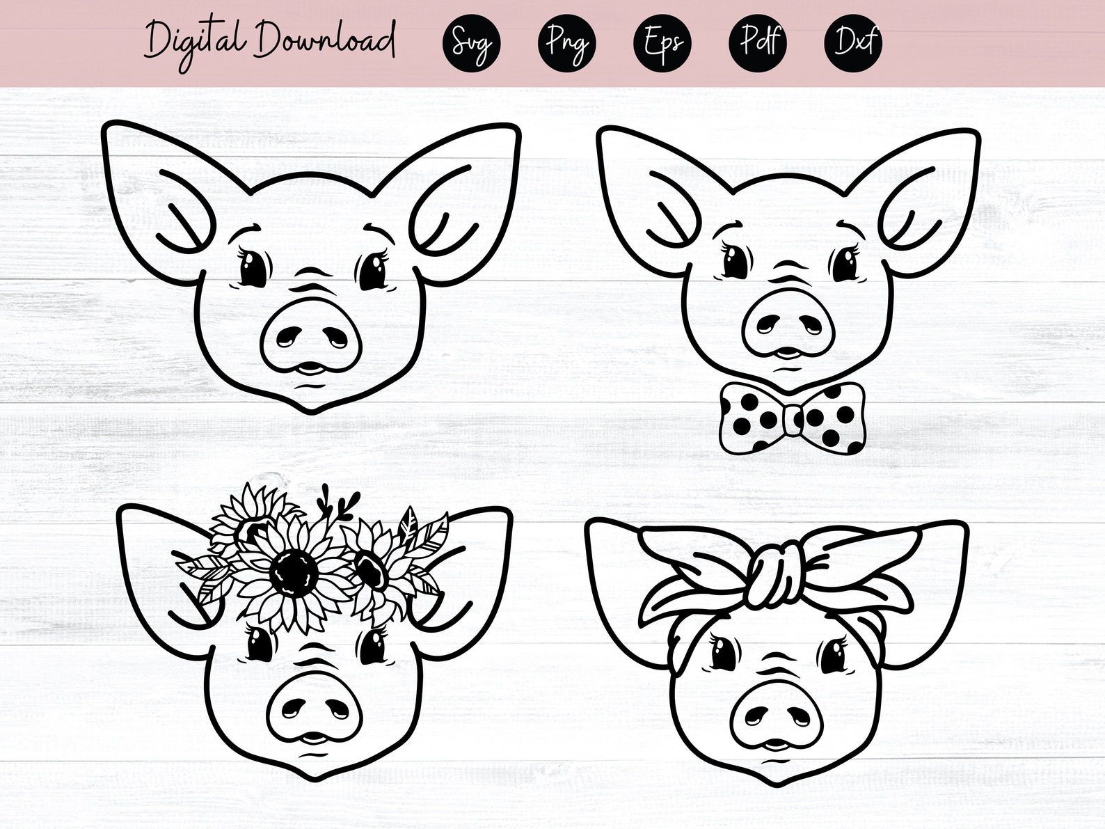 Pig Face SVG Cut File Instant Download, Pig SVG, Pig With Flowers Svg ...