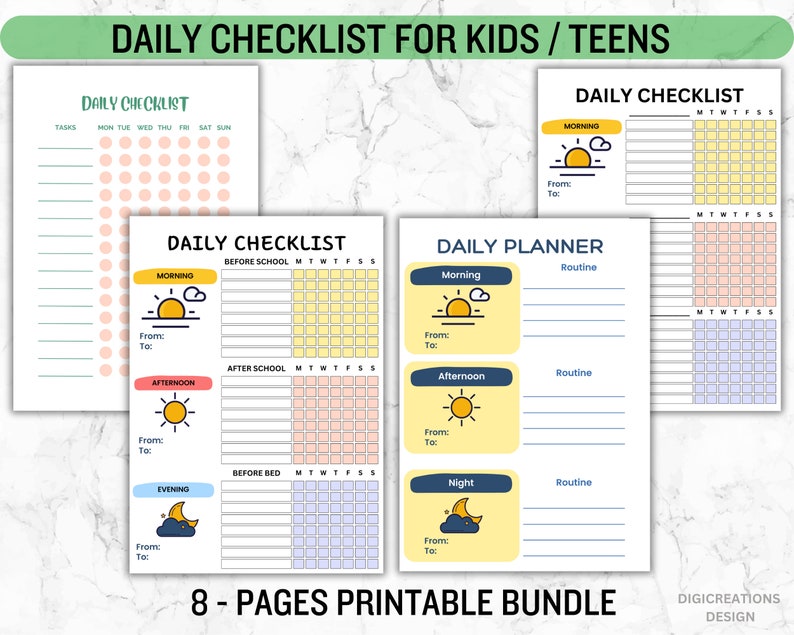 Daily Checklist for Kids and Teens, Printable, Kids Responsibility ...
