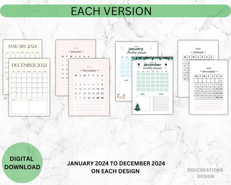 Printable Calendar 2024 Monthly Planner 2024 | Letter, A4, A5 ...