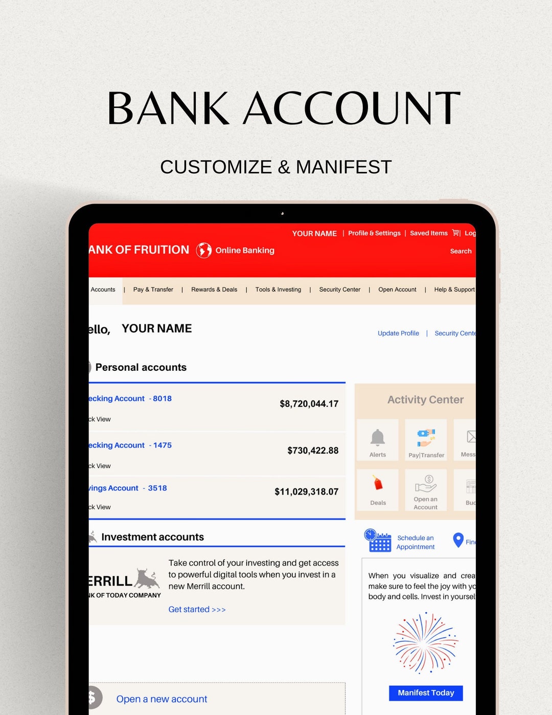 Manifestation Bank Account Dashboard Template (canva & PDF) - Etsy