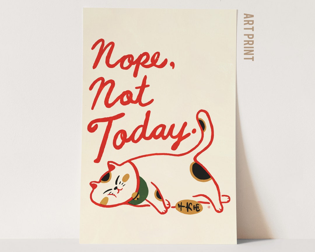 Lazy Lucky Cat Maneki Neko Illustrated Wall Art, Modern Asian Style ...