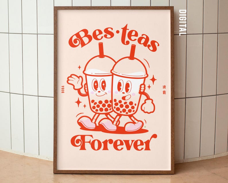 Boba Tea Bestie Art Print: Whimsical Friendship Poster (digital ...