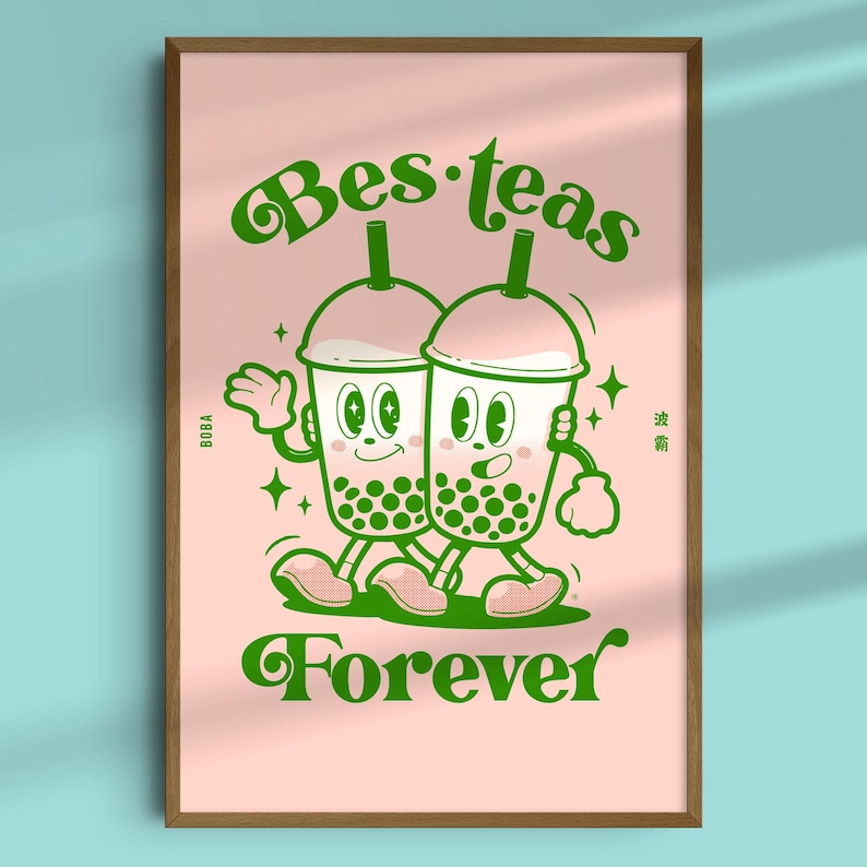 Boba Tea Besties Art Print: Whimsical Asian Food Poster (digital ...