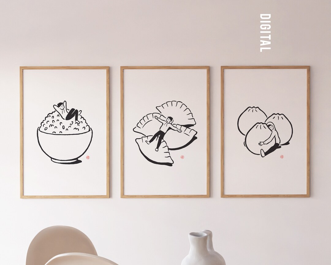 Asian Foodie Art Prints: Dumpling Hug, Rice Guy, Gyoza Nap (digital ...