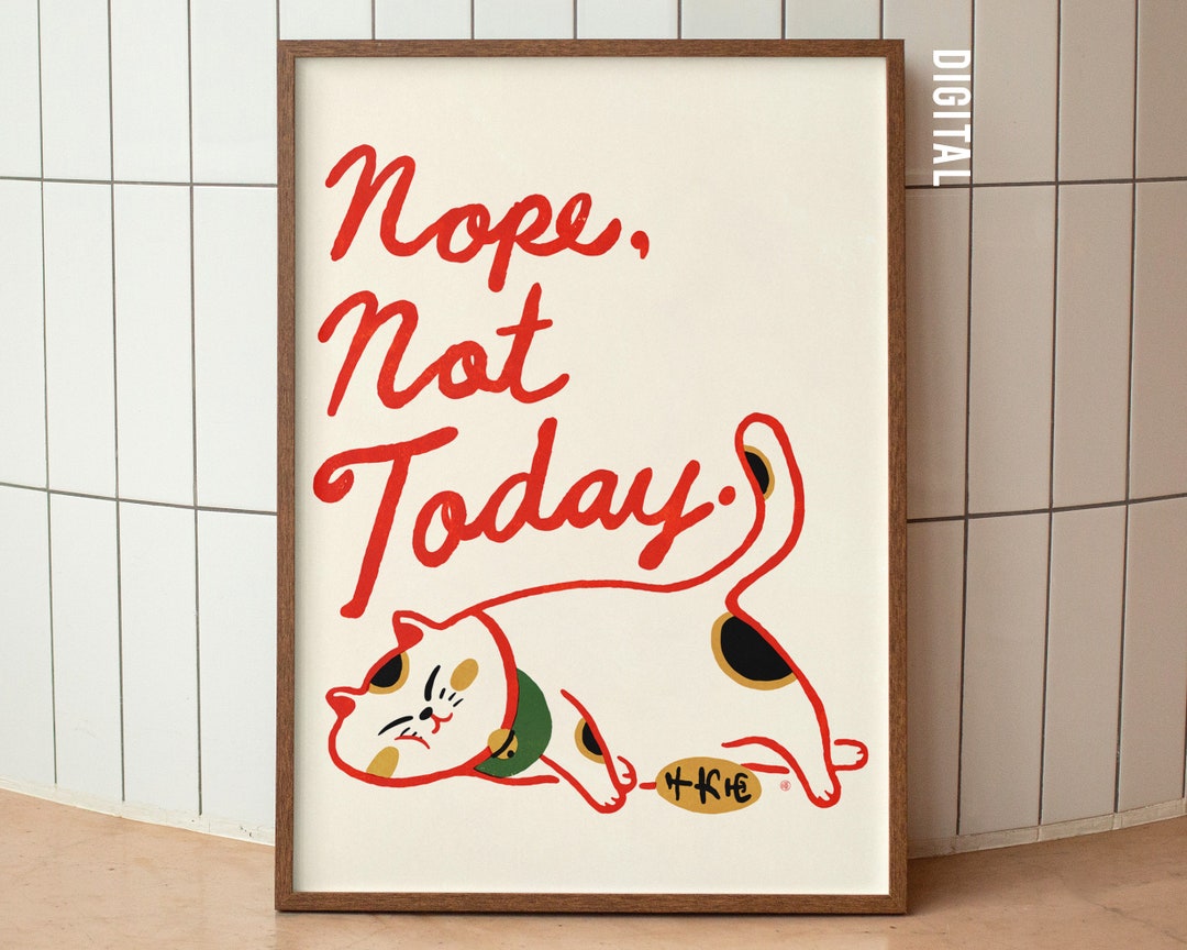 Lazy Lucky Cat Maneki Neko Illustrated Wall Art, Printable, Modern ...